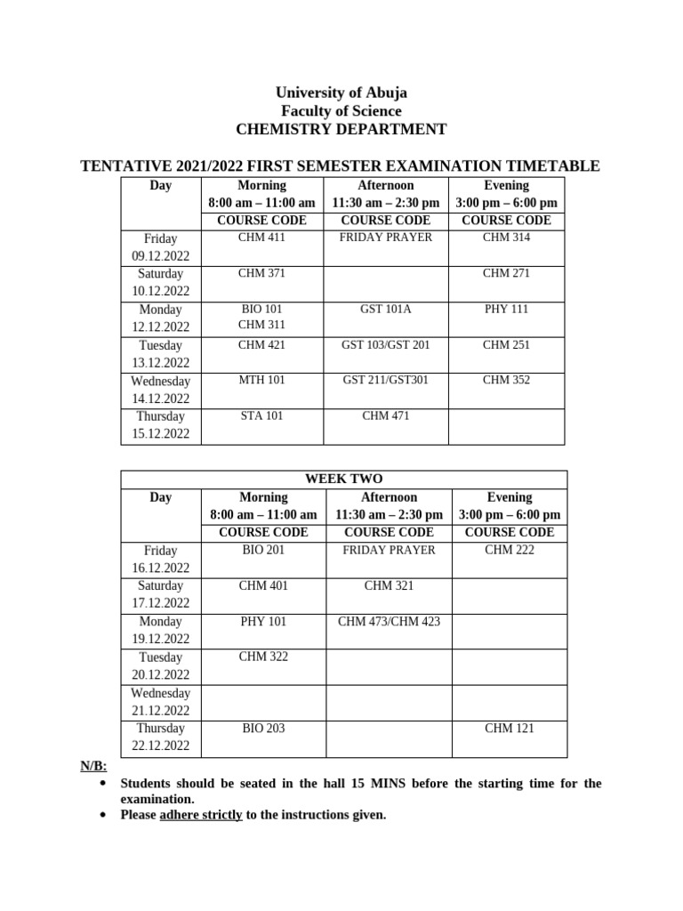 2021/2022 Abuja University Chemistry Exam Timetable | PDF