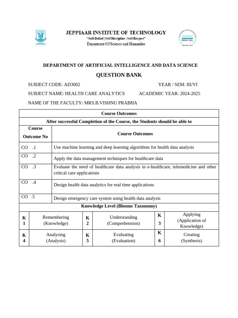 Ad3002 - Question Bank Health Care | PDF | Machine Learning | Deep Learning
