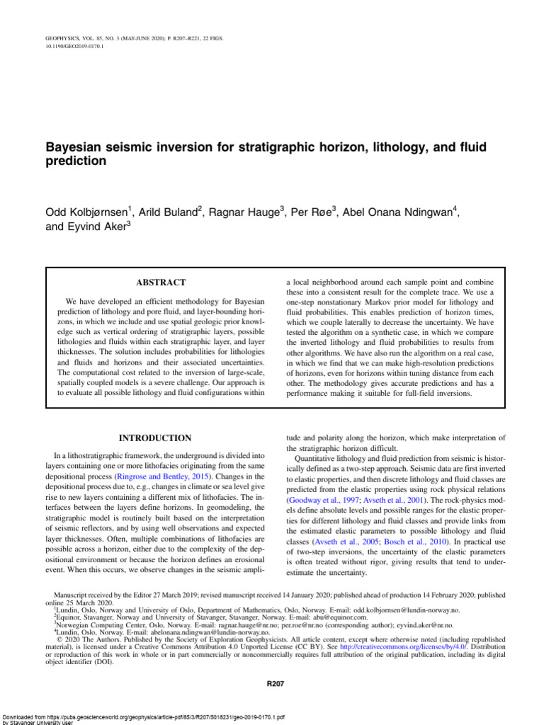 Bayesian seismic inversion for stratigraphic horizon, lithology, and fluid prediction | PDF ...
