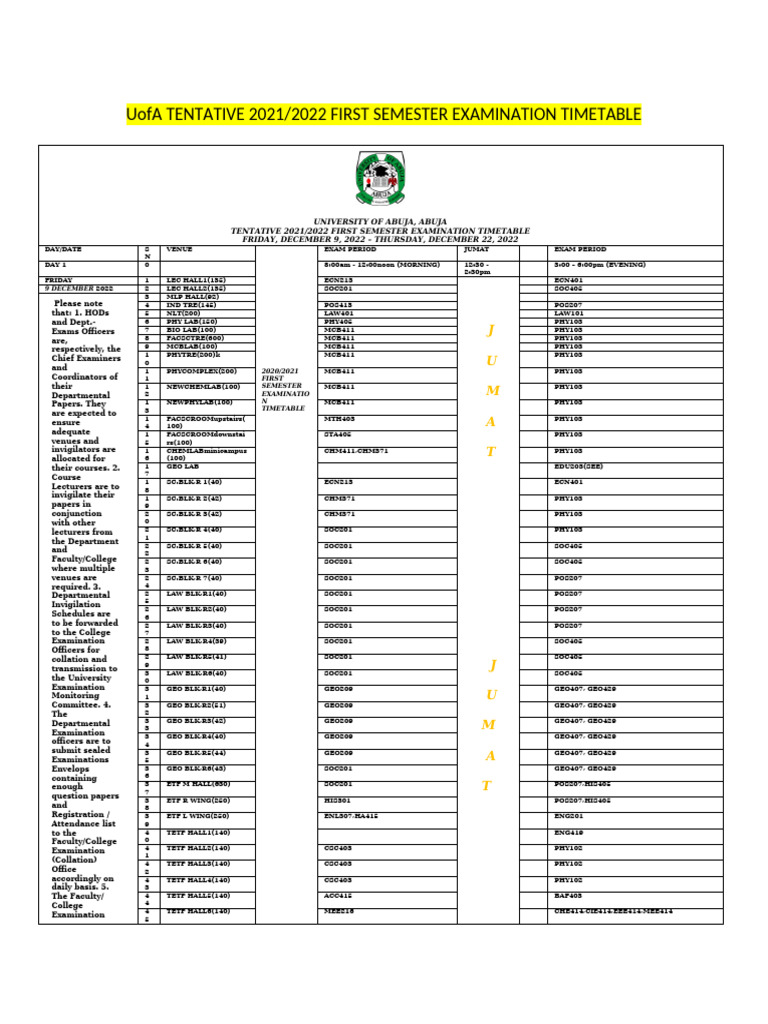 UofA 2021/2022 Exam Timetable | PDF | Educational Assessment And ...