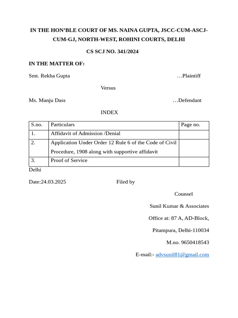 Rekha Gupta Vs Manju Dass Admission Deniel | PDF | Lawsuit | Affidavit