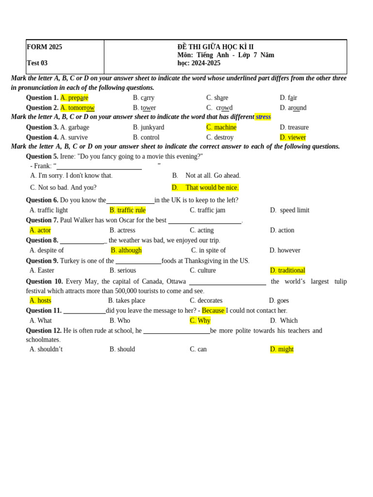 Đề 3 - Grade 7 - Review and practice mid - semester test | PDF ...