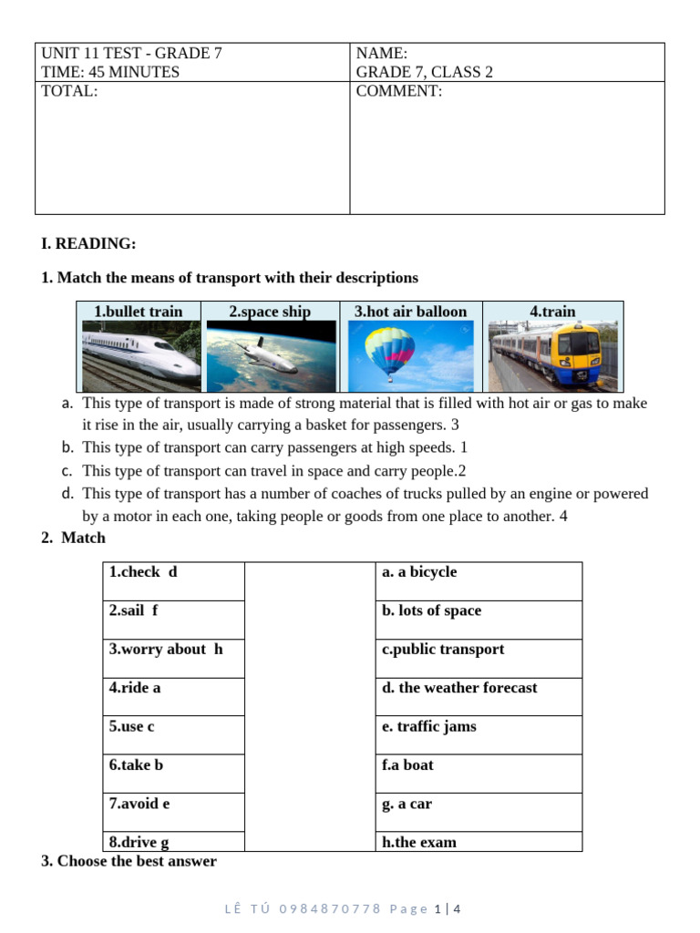 Unit 11 Globalgrade 7, Group 2 Test | PDF | Car | Transport