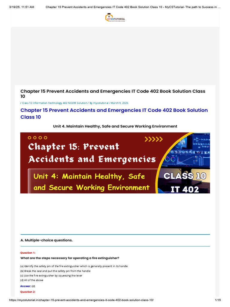 Chapter 15 Prevent Accidents and Emergencies IT Code 402 Book Solution Class 10 - MyCSTutorial ...