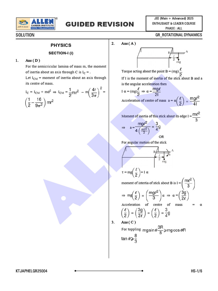 Allen GR Rotation Solution | PDF | Rotation Around A Fixed Axis | Quantity