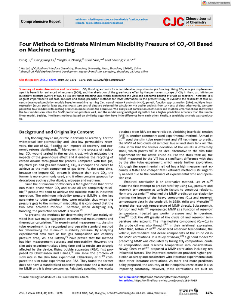Chinese Journal of Chemistry - 2019 - Li - Four Methods to Estimate Minimum Miscibility Pressure ...