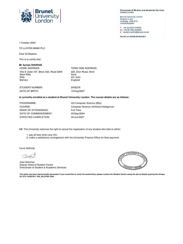 Ayman Shuraik Bank Letter | PDF