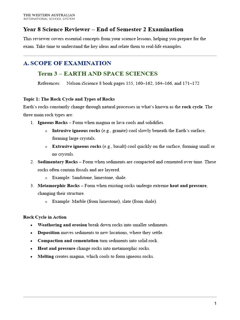 Year 8 Science EOS2 Review Package - PWA | PDF | Rock (Geology) | Sedimentary Rock