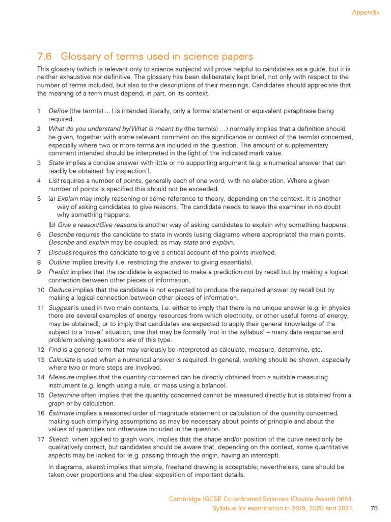 0654 - Command Words CIE IGCSE Coordinated Science | PDF | Quantity | Measurement