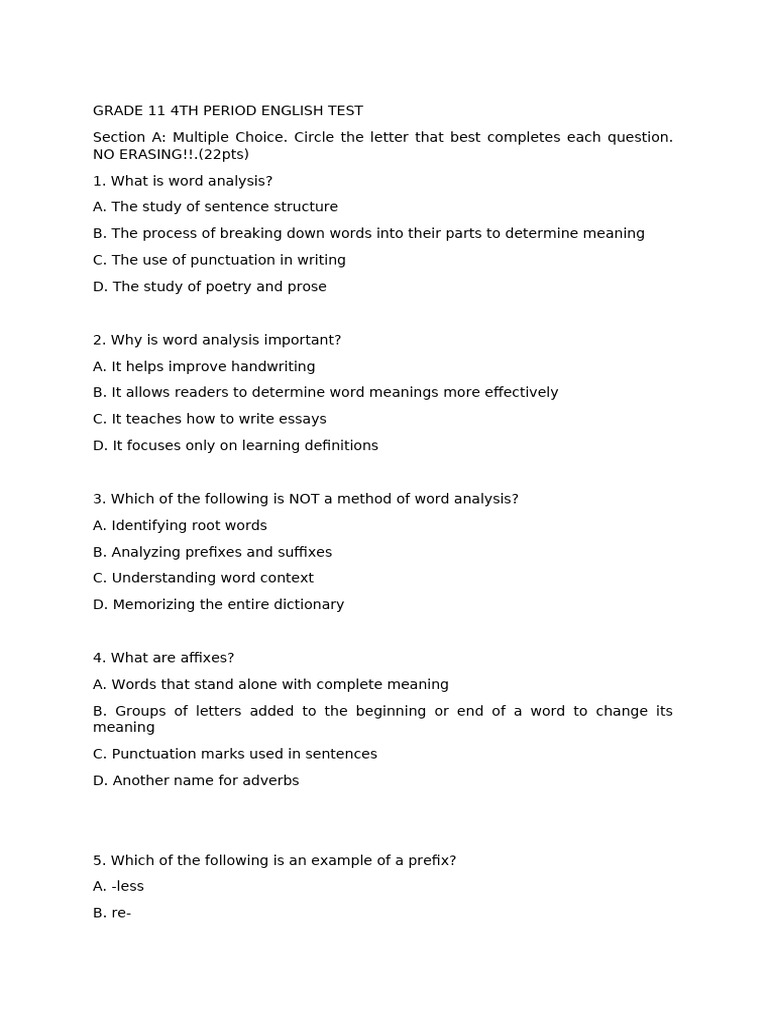 11TH Grade 4TH Period English Test 2 | PDF | Word | English Language