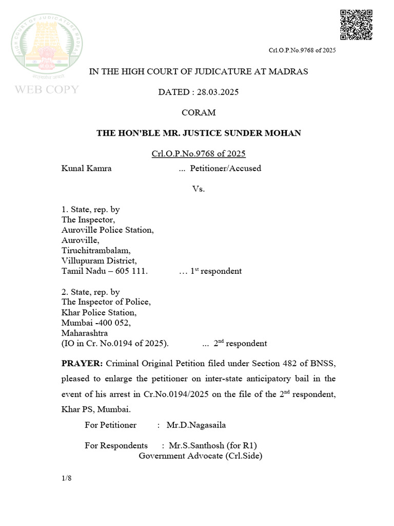 The Hon'Ble Mr. Justice Sunder Mohan: Crl.O.P.No.9768 of 2025 | PDF ...