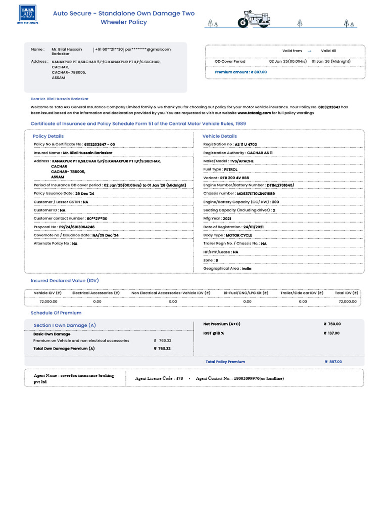 Tata AIG Motorcycle Insurance Policy | PDF | Insurance | Deductible
