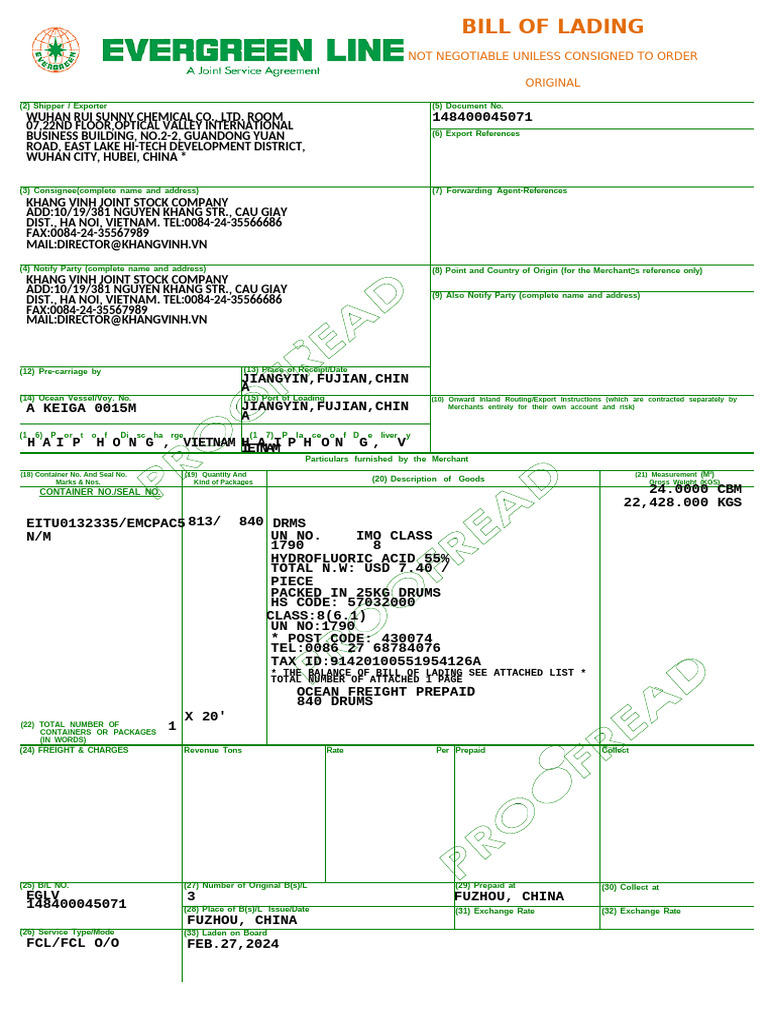 Mẫu Bill of Lading Evergreen | PDF | Bill Of Lading | Supply Chain Management