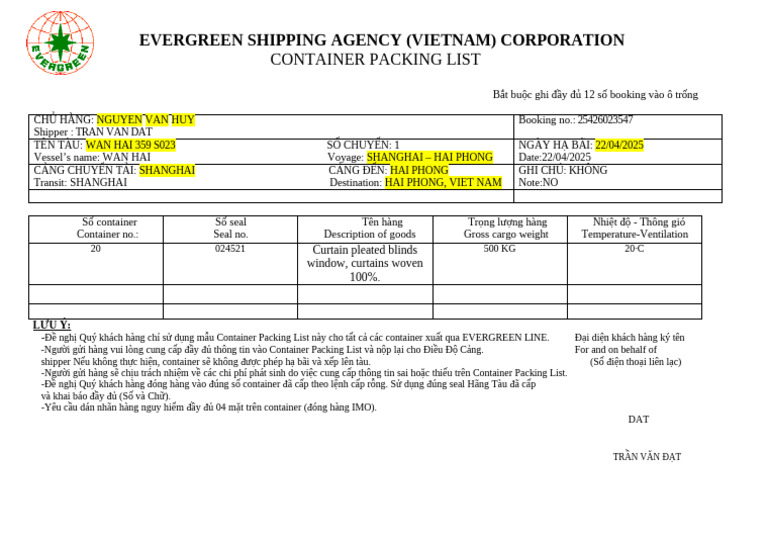 Mẫu PACKING LIST- Evergreen | PDF