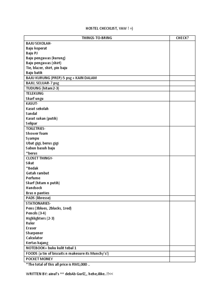 Hostel Checklist | PDF