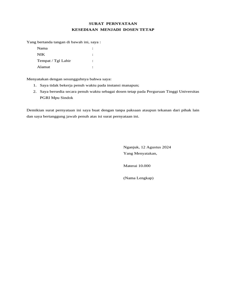 Surat Kesediaan Dosen | PDF