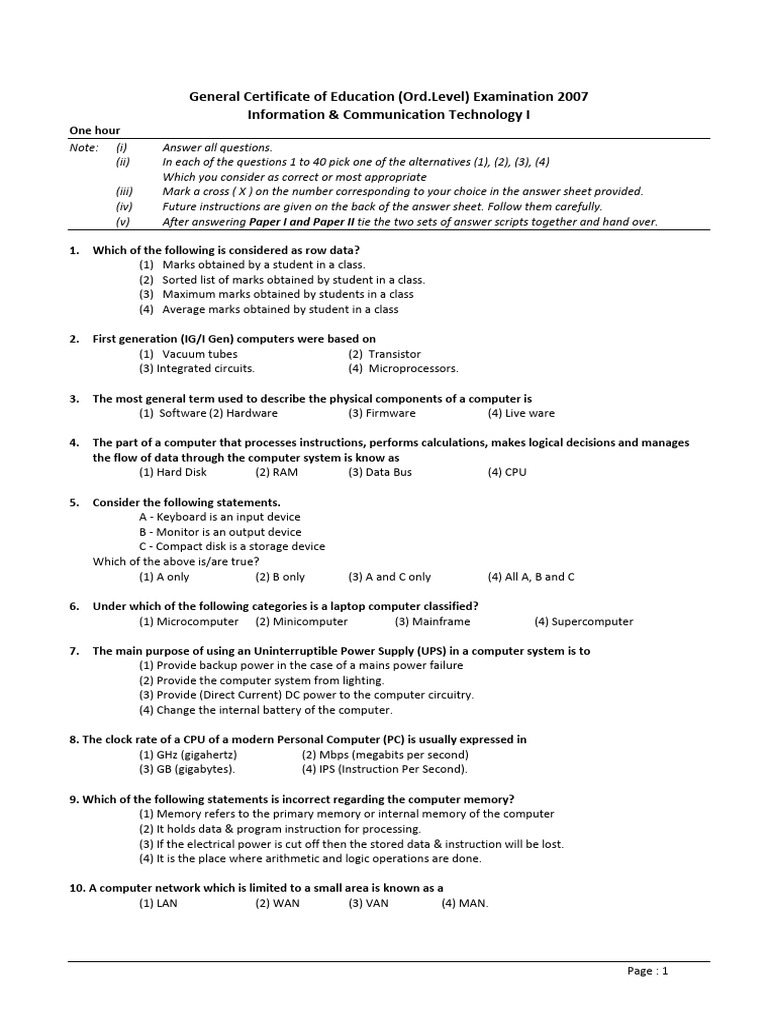 Ol Ict Past Paper 2007 English | PDF | Computer Data Storage | Control Key