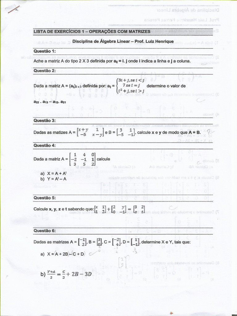Lista de Exercicios 1 Algebra Linear | PDF
