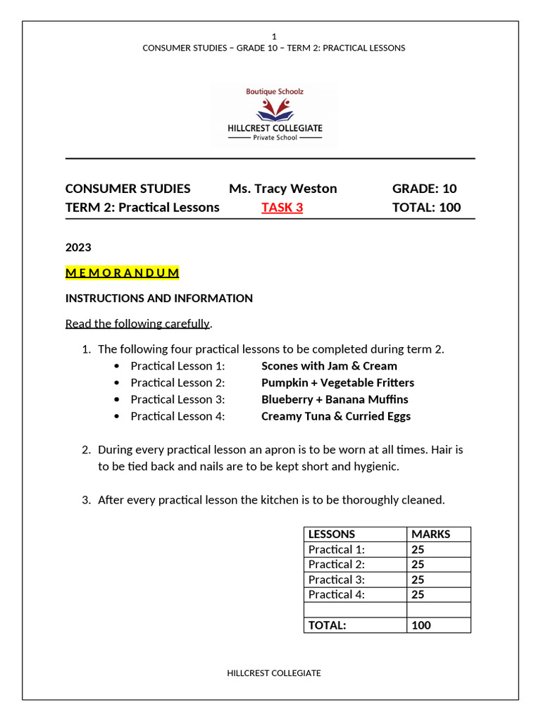 CONS - GR10 TERM 2 Practicals MEMO | PDF