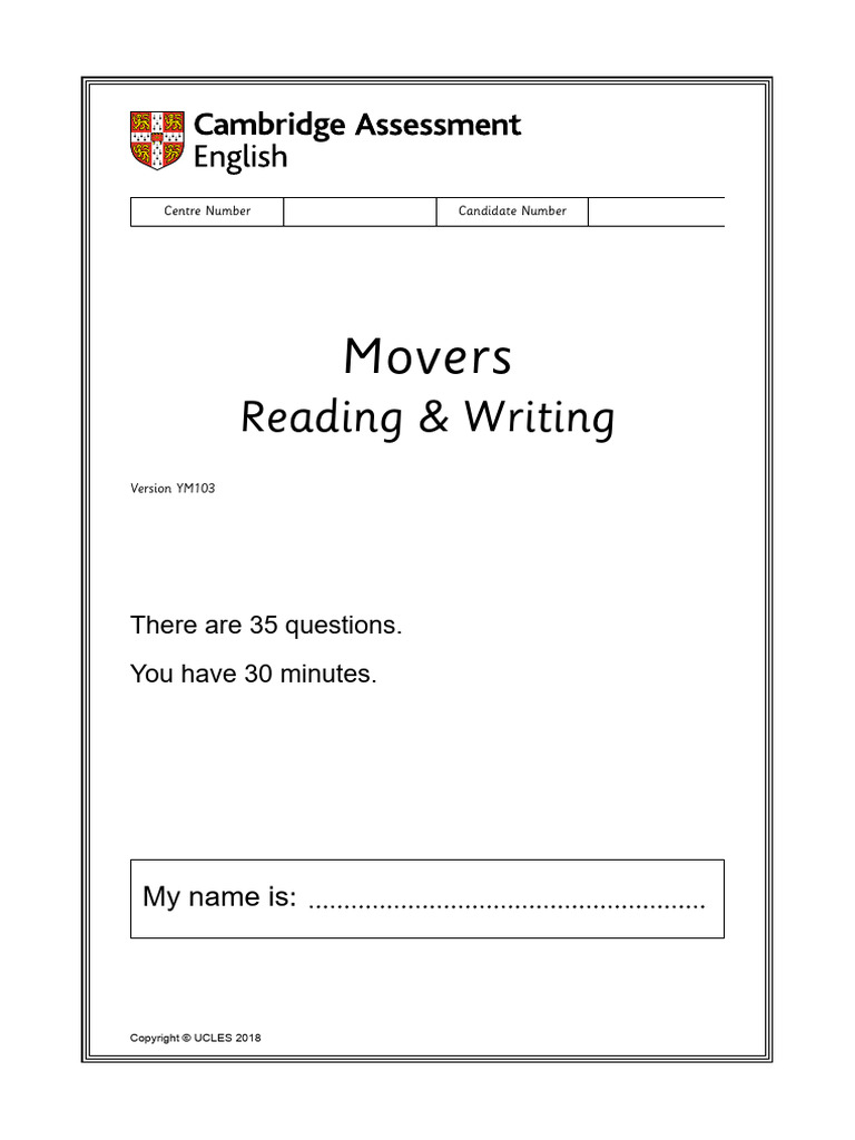 Movers-Reading-Writing-Question-Paper-Interactive JUNIORS I | PDF
