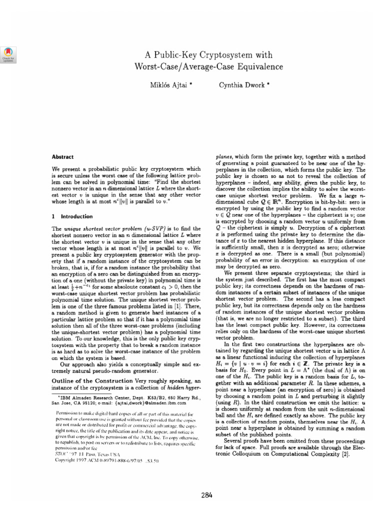 1997 A Public Key Cryptosystem With Worst Case Average Case Equivalence | PDF | Public Key ...