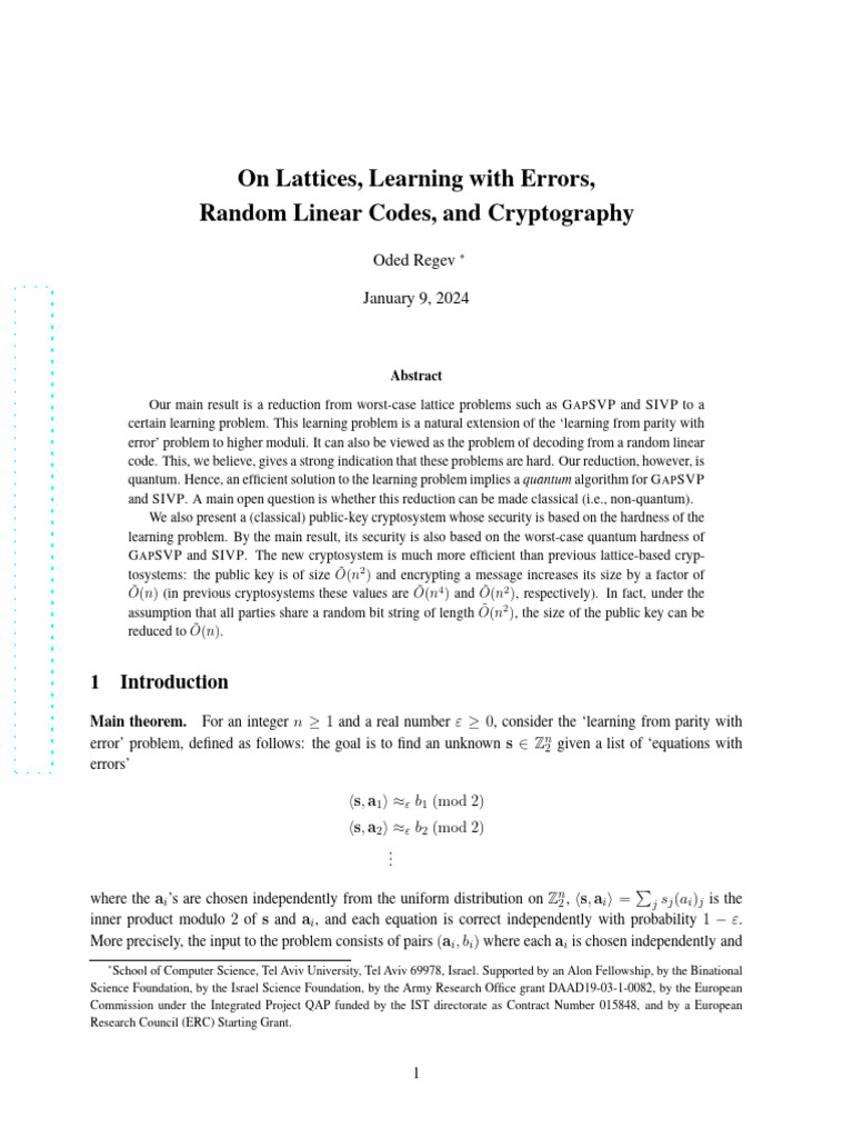 2024-On Lattices, Learning With Errors, Random Linear Codes, and Cryptography | PDF ...