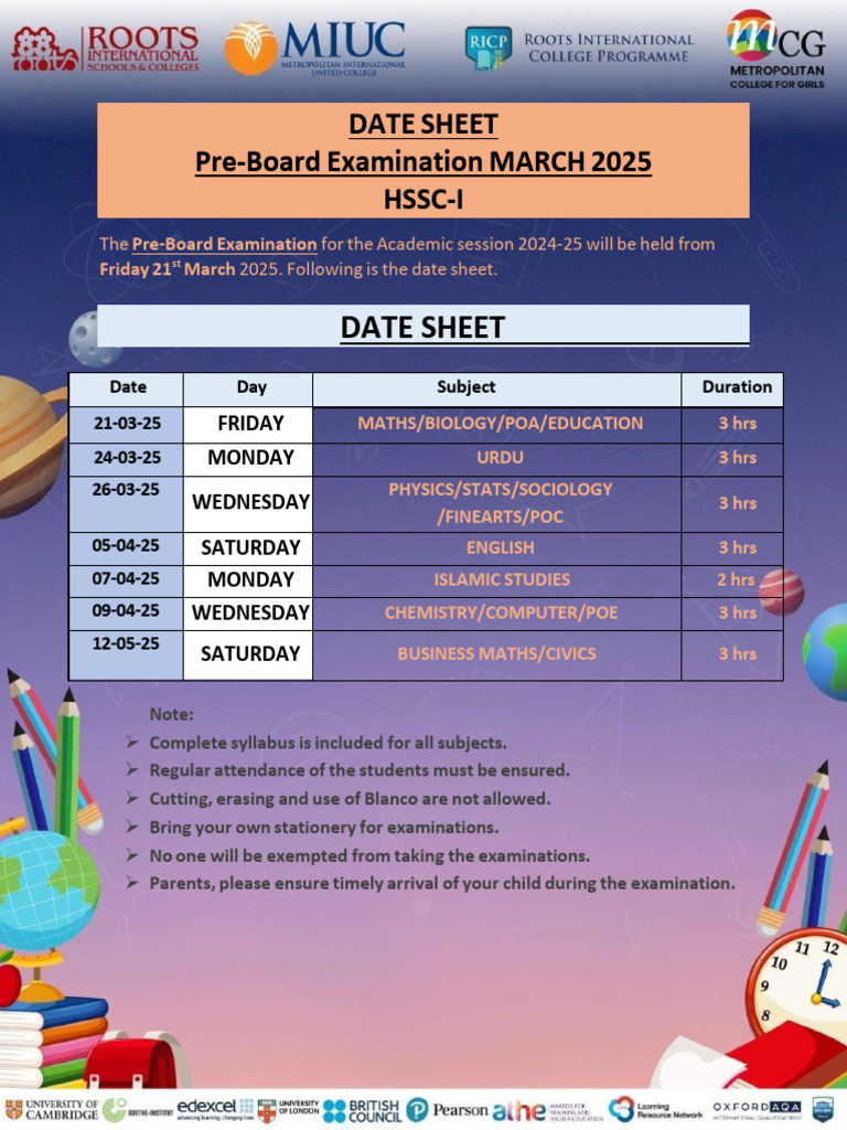 HSSC-I Pre-Board Date Sheet 2025 PDF | PDF