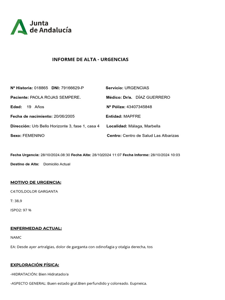Informe de Alta por Faringitis Aguda | PDF
