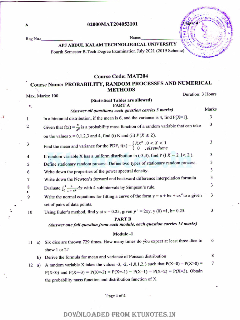 Mat204 Probability, Random Processes and Numerical Methods, July 2021 | PDF | Probability ...