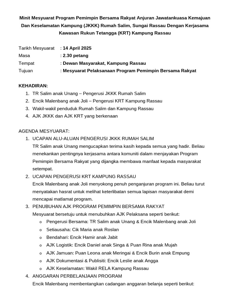Minit Mesyuarat Program Pemimpin Bersama Rakyat Anjuran Jawatankuasa ...