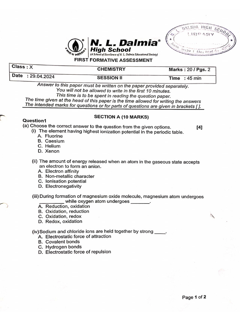Chemistry - 1st Formative | PDF