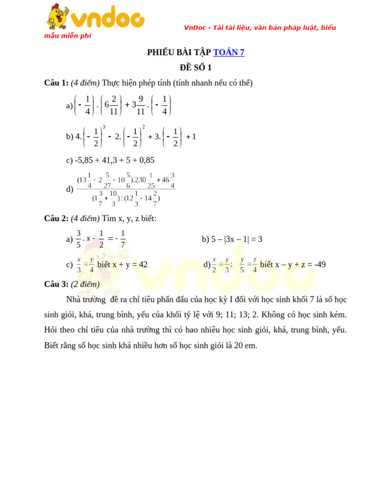 Phieu Bai Tap On o Nha Mon Toan Lop 7 So 7 | PDF