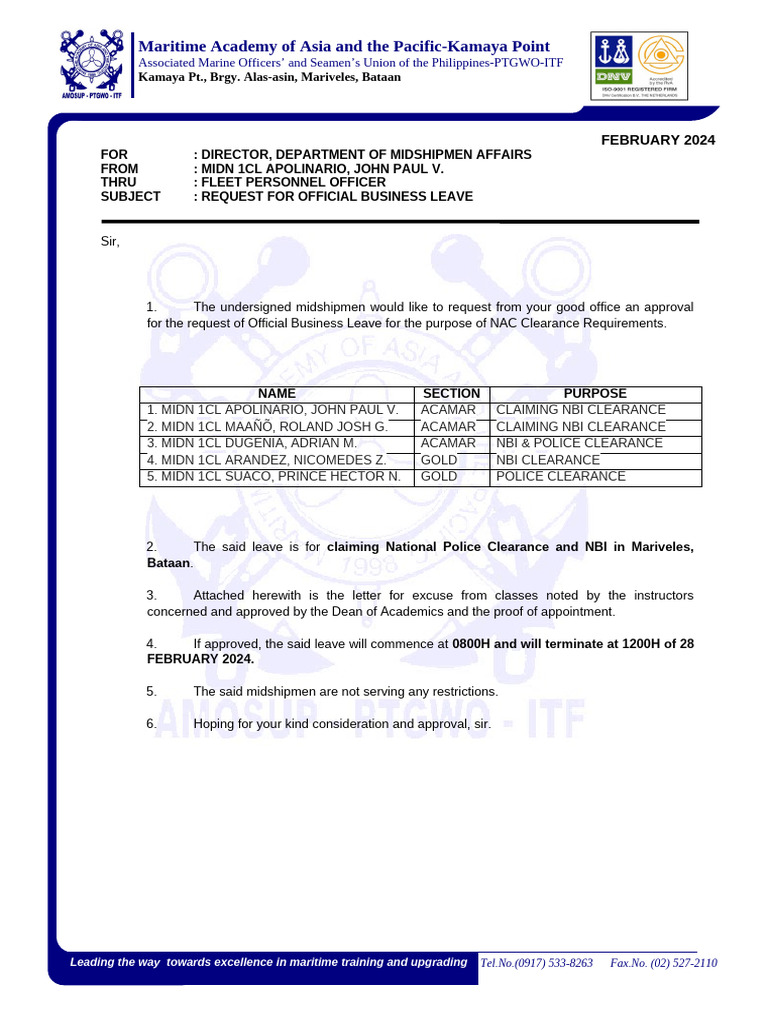Official Business Leave Letter | PDF | Midshipman | Ranks