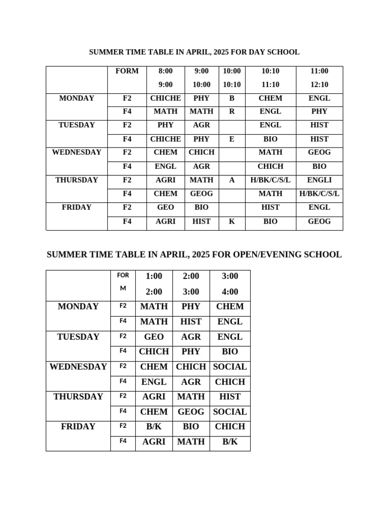 Summer Time Table April 2025 | PDF