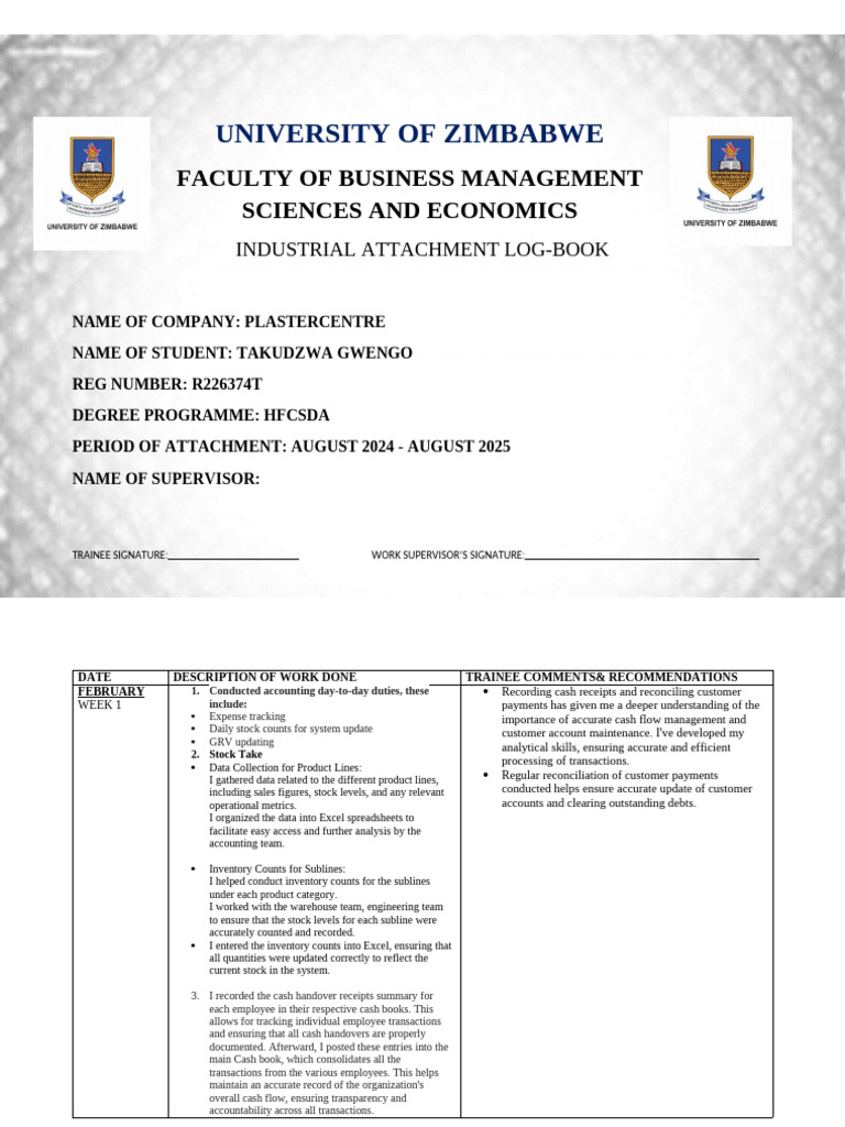 University of Zimbabwe Industrial Attachment Log | PDF | Inventory ...