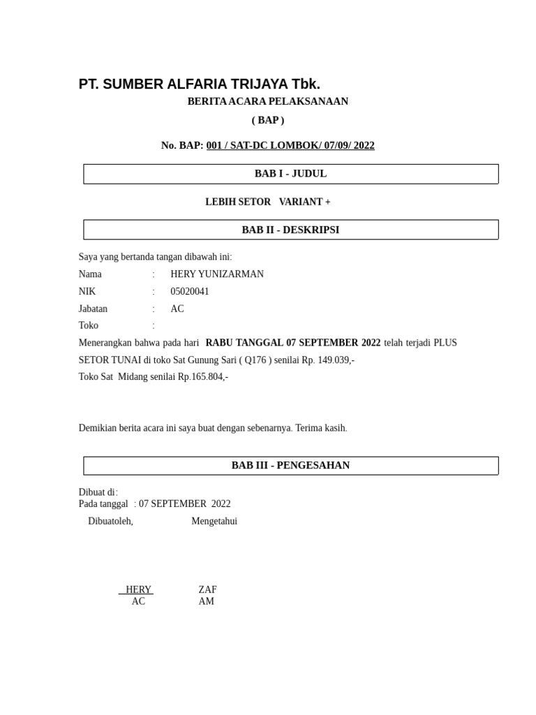 Contoh Format Bap Lebih Setor 2 | PDF