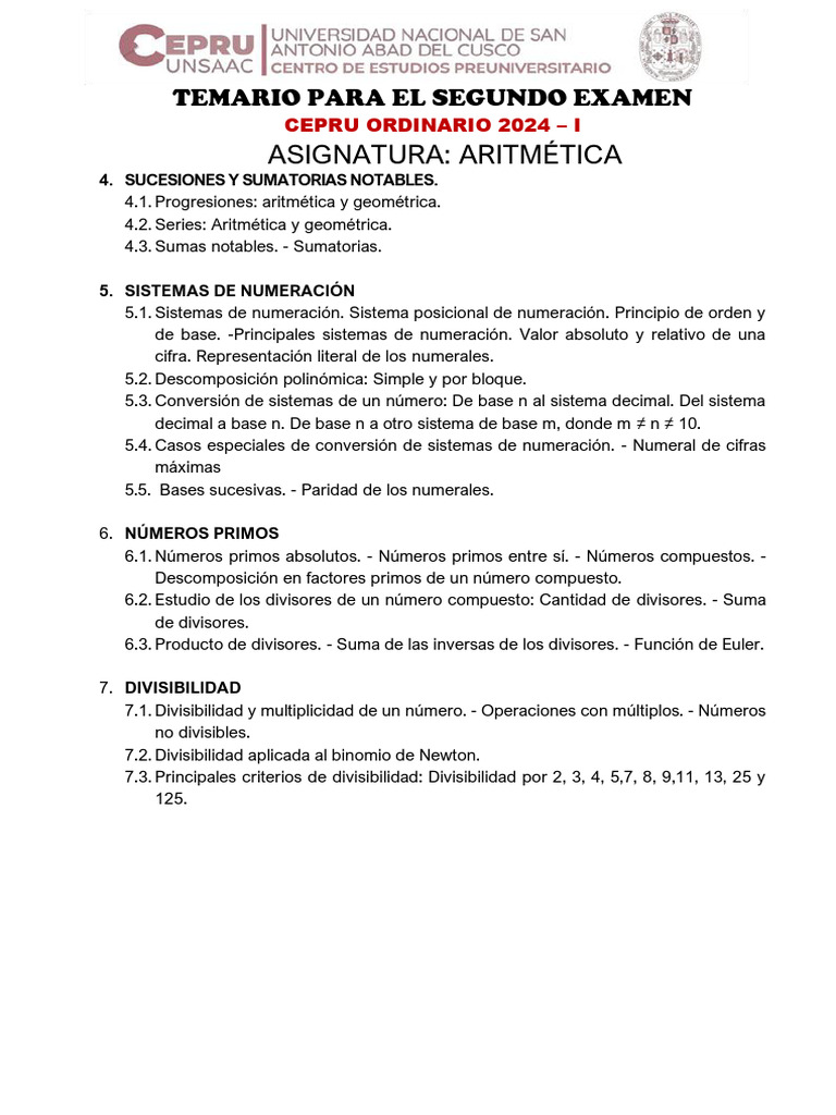 Temario - Aritmetica - Segundo Examen | PDF