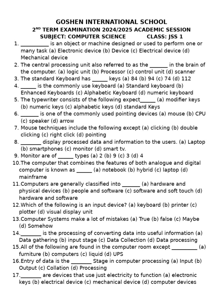 JSS1 Computer Science Exam Questions | PDF | Computer Keyboard | Input ...
