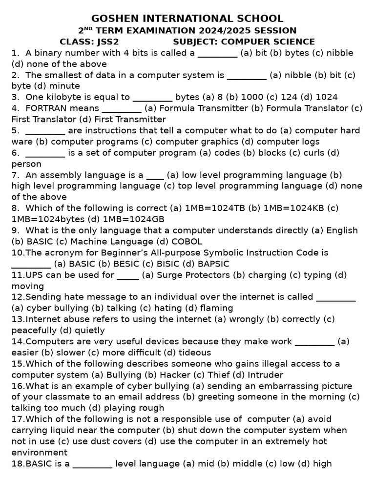 JSS2 Computer Science Exam 2024/2025 | PDF | Computer Programming | Bit