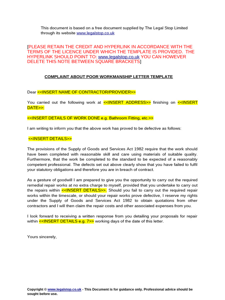Poor Workmanship Complaint Letter | PDF