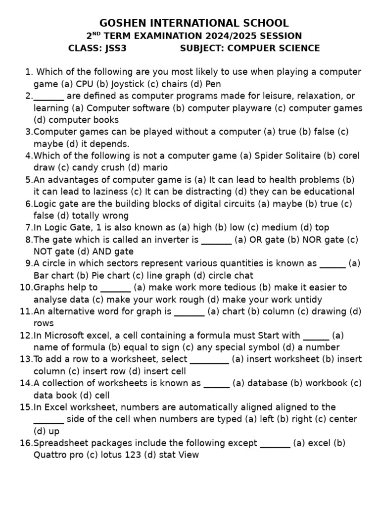 GOSHEN INTERNATIONAL SCHOOL COMPUTER JSS3 | PDF | Microsoft Excel ...