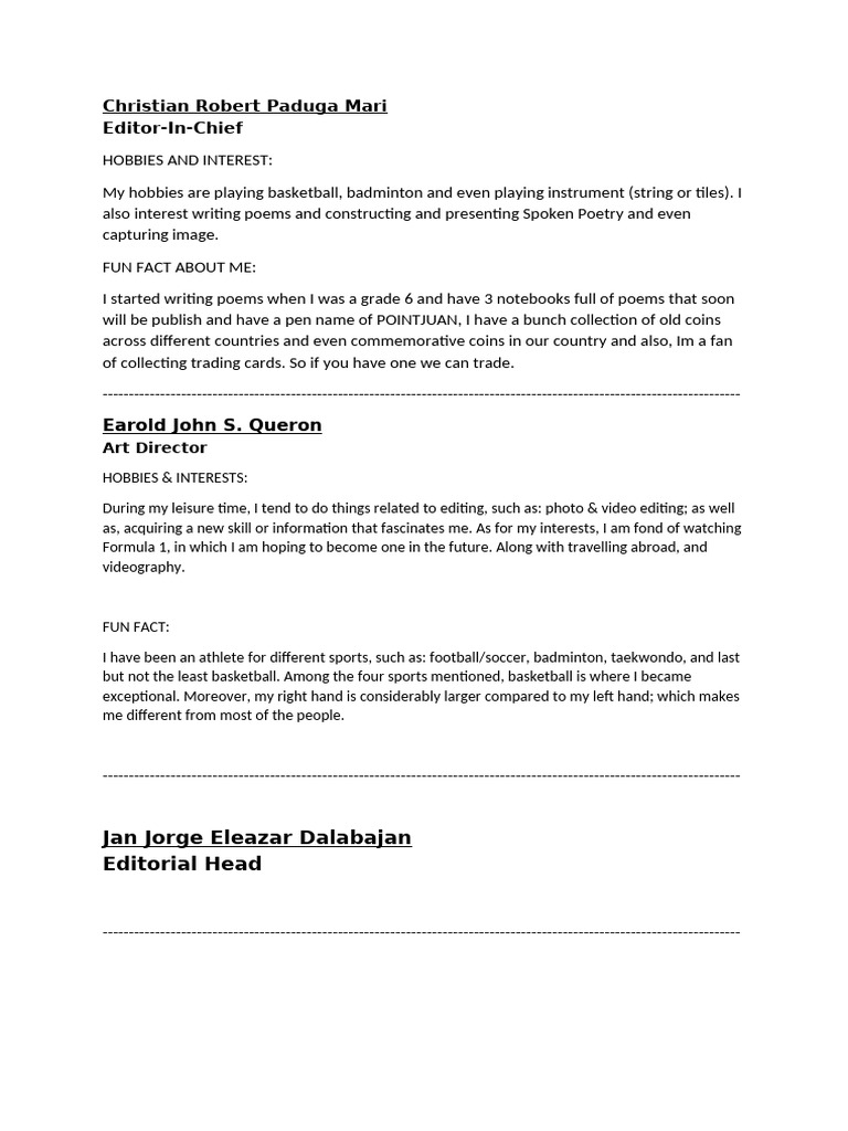 HobbiesAndInterests and Fun Facts The ARCHive Staff Profile | PDF | Hobbies