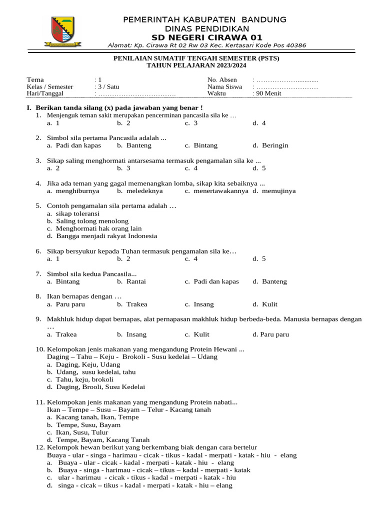 Soal PTS Kelas 3 Tema 1 2022 | PDF