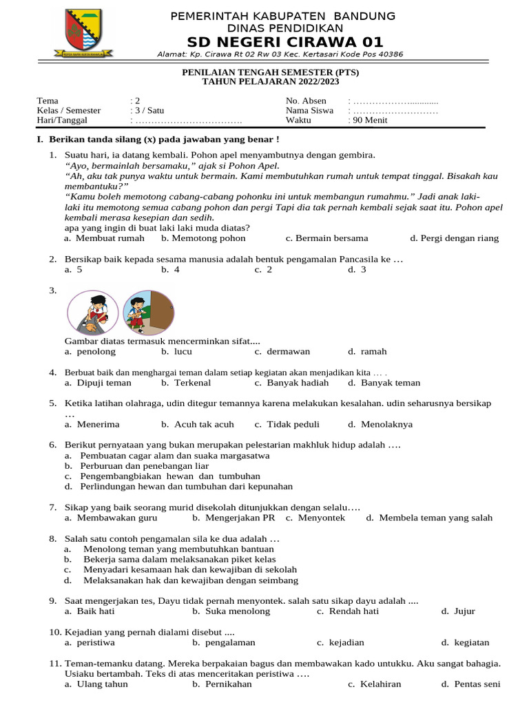 Soal PTS Kelas 3 Tema 2 2022 | PDF