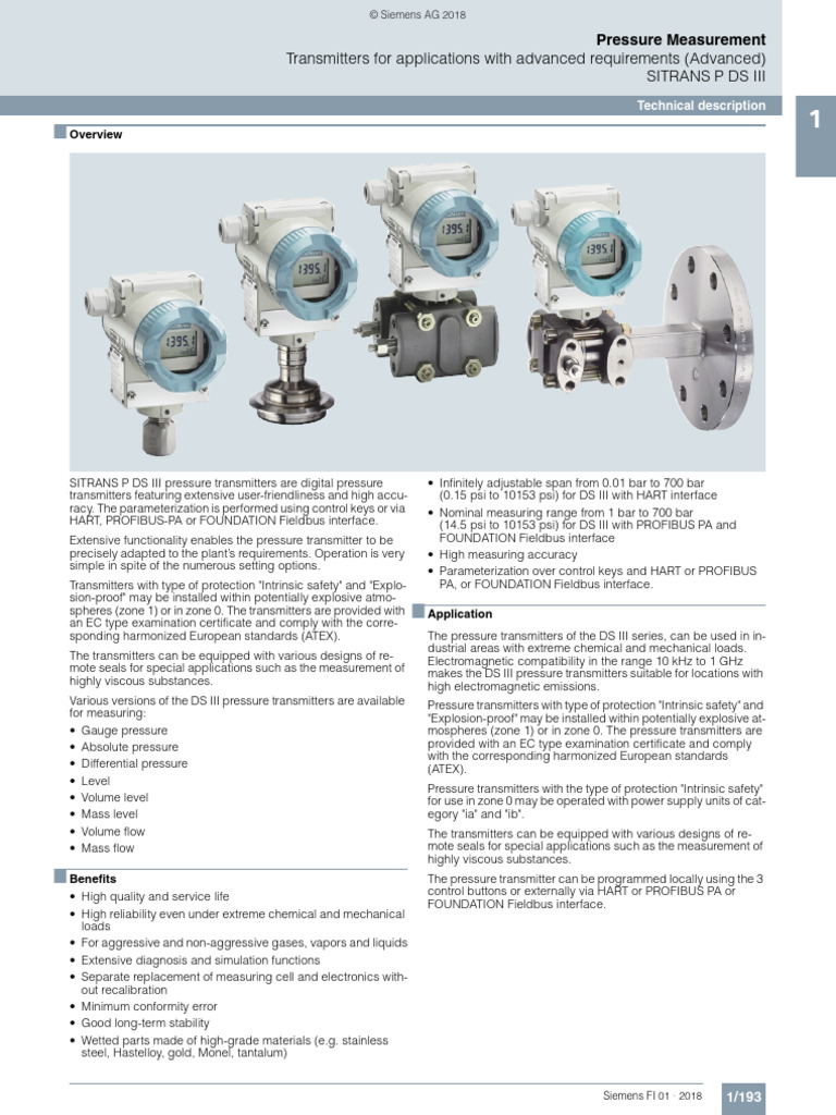 Siemens SITRANS P DS III For Level Datasheet | PDF | Pressure Measurement | Pressure