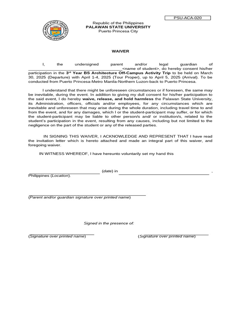 PSU ACA 020 Parents Waiver | PDF