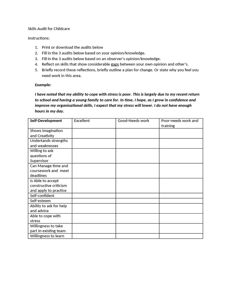 Childcare Skills Audit Template | PDF | Goal | Social Psychology