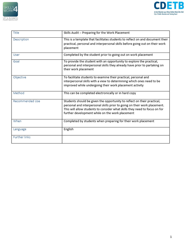 Skills Audit Template for Work Placement | PDF | Skill | Audit