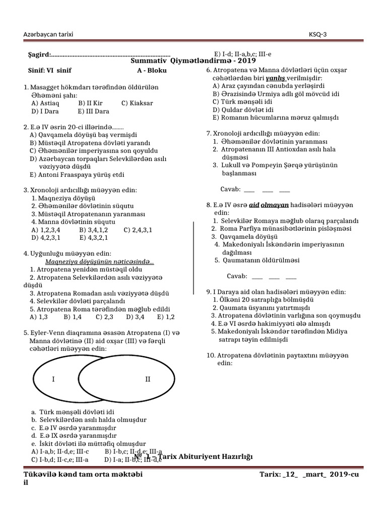 Azərbaycan Tarixi - 6-Cı Sinif KSQ-3 | PDF