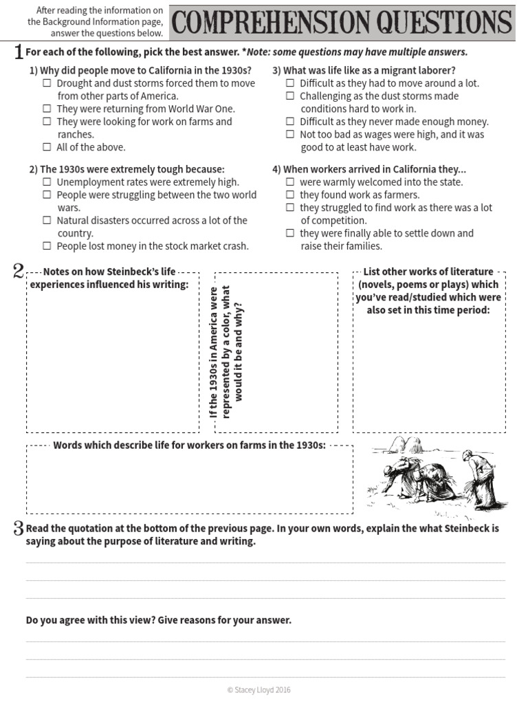 Of Mice & Men - Comprehension Questions (Background Sheet) | PDF | John ...
